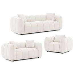 SITZGARNITUR 3+2+1 Nubira in tief gesteppter Bubble-Optik aus weichem Creme Strukturstoff im modernen Design