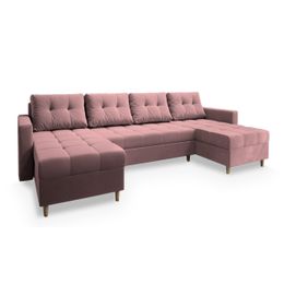 WOHNLANDSCHAFT MILO U Rosa Pl&uuml;sch-Stoff mit Schlaffunktion