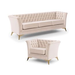 SITZGARNITUR 3+1 Chesterfield Whitby Beige Samt mit goldenen F&uuml;&szlig;en