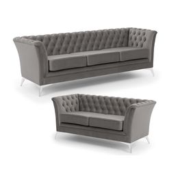 SITZGARNITUR 3+2 Chesterfield Whitby Grau Samt mit silbernen F&uuml;&szlig;en