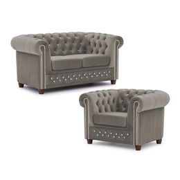 SITZGARNITUR 2+1 Chesterfield Cleo Blink Grau Samt mit Kristallsteppung und braunen Massivholzf&uuml;&szlig;en