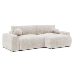 ECKSOFA Puffy mit Schlaffunktion und Bettkasten - besonders weich und puffig aus Beige Stoff mit Chenillestruktur - Ottomane rechts