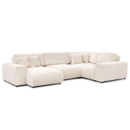 WOHNLANDSCHAFT Mollis Hellbeige Pl&uuml;schcord im XXL-Format - Ottomane Links