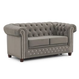 CHESTERFIELD-SOFA 2-Sitzer mit Schlaffunktion Cleo Blink Grau Samt mit Kristallsteppung und braunen Massivholzf&uuml;&szlig;en