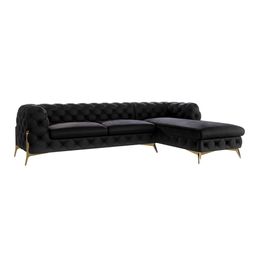 ECKSOFA Chesterfield Lexi Schwarz Samt, Ottomane rechts