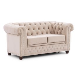 CHESTERFIELD-SOFA 2-Sitzer mit Schlaffunktion Cleo Blink Beige Samt mit Kristallsteppung und braunen Massivholzf&uuml;&szlig;en