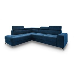 ECKSOFA ALVORO L-S Blau Velours-Stoff mit Schlaffunktion