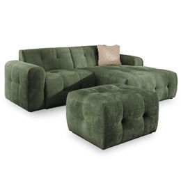 ECKSOFA inkl. Hocker Kozy im Bumpy-Design mit Schlaffunktion und fester R&uuml;ckenlehne aus weichem Gr&uuml;n Chenille-Stoff - Ottomane rechts