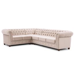 ECKSOFA mit Schlaffunktion Chesterfield Beige Samt mit Kristallsteppung und braunen Massivholzf&uuml;&szlig;en - Ottomane Links