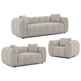 SITZGARNITUR 3+2+1 Nubira in tief gesteppter Bubble-Optik aus weichem Taupe Strukturstoff im modernen Design