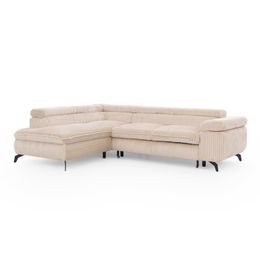 ECKSOFA mit Schlaffunktion und Bettkasten Bonnie aus Hellbeige Cord-Stoff mit verstellbaren Kopfst&uuml;tzen und Armlehne - Ottomane links