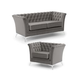 SITZGARNITUR 2+1 Chesterfield Whitby Grau Samt mit silbernen F&uuml;&szlig;en