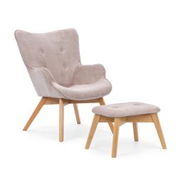 LOUNGESESSEL mit Fu&szlig;hocker Lenari Puderrosa Cordstoff mit F&uuml;&szlig;en in Natur