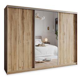 SCHWEBET&Uuml;RENSCHRANK TAVI 250/205/60 cm 3-t&uuml;rig mit Spiegel und Schubladen Eiche Wotan