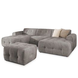 WOHNLANDSCHAFT inkl. Hocker Kozy im Bumpy-Design mit Schlaffunktion und fester R&uuml;ckenlehne aus weichem Taupe Chenille-Stoff