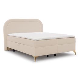 BOXBETT Sonna 200/200 cm Hellbeige Boucl&eacute;-Stoff mit abgerundetem Kopfteil und mit goldenen Metallf&uuml;&szlig;e