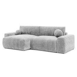 ECKSOFA Puffy mit Schlaffunktion und Bettkasten - besonders weich und puffig aus Hellgrau Stoff mit Chenillestruktur - Ottomane links