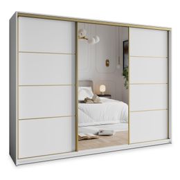 SCHWEBET&Uuml;RENSCHRANK VARO 250/205/60 cm 3-t&uuml;rig mit Spiegel und Schubladen Wei&szlig;