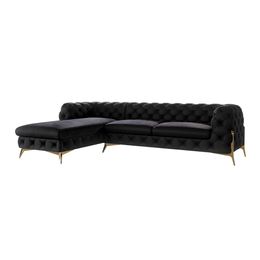 ECKSOFA Chesterfield Lexi Schwarz Samt, Ottomane links