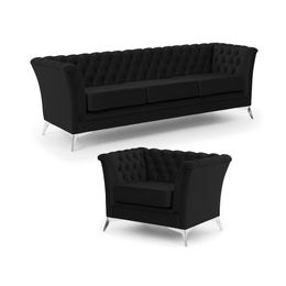 SITZGARNITUR 3+1 Chesterfield Whitby Schwarz Samt mit silbernen F&uuml;&szlig;en