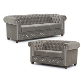 SITZGARNITUR 3+2 Chesterfield Cleo Blink Grau Samt mit Kristallsteppung und braunen Massivholzf&uuml;&szlig;en