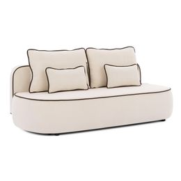 SCHLAFSOFA Vero im modernen und abgerundeten Design mit Bettkasten aus Creme Pl&uuml;schstoff mit brauner Paspel