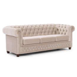 CHESTERFIELD-SOFA 3-sitzer Cleo Blink Beige Samt mit Kristallsteppung und braunen Massivholzf&uuml;&szlig;en
