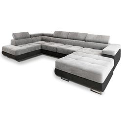 WOHNLANDSCHAFT CASONE L-S Hellgrau Velours-Stoff mit Schlaffunktion