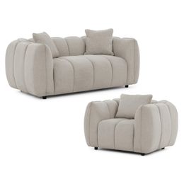SITZGARNITUR 2+1 Nubira in tief gesteppter Bubble-Optik aus weichem Taupe Strukturstoff im modernen Design