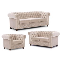 SITZGARNITUR 3+2+1 Chesterfield Cleo Blink Beige Samt mit Kristallsteppung und braunen Massivholzf&uuml;&szlig;en