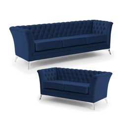 SITZGARNITUR 3+2 Chesterfield Whitby Marineblau Samt mit silbernen F&uuml;&szlig;en