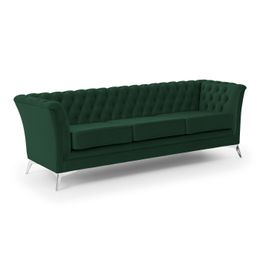 CHESTERFIELD-SOFA 3-sitzer Whitby Flaschengr&uuml;n Samt mit silbernen F&uuml;&szlig;en