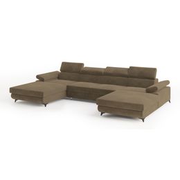 WOHNLANDSCHAFT DETTI Beige Velours-Stoff mit Schlaffunktion