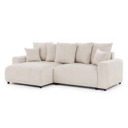 ECKSOFA Calma mit Schlaffunktion und Bettkasten im Bumpy-Design aus weichem Beige Chenille-Stoff - Ottomane links