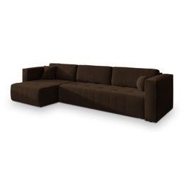ECKSOFA OLVERA Braun Pl&uuml;sch-Stoff mit Schlaffunktion
