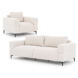 SITZGARNITUR 3+1 Cardea in Bubble-Optik aus weichem Creme Strukturstoff mit hohem Sitzkomfort