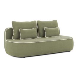 KINDERSOFA Vero im modernen und abgerundeten Design mit Schlaffunktion und Bettkasten aus Olivgr&uuml;n Pl&uuml;schstoff mit beiger Paspel