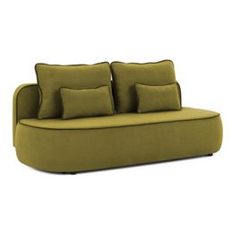 KINDERSOFA Vero im modernen und abgerundeten Design mit Schlaffunktion und Bettkasten aus Gr&uuml;n Pl&uuml;schstoff mit dunkelgr&uuml;ner Paspel
