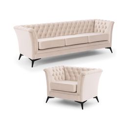 SITZGARNITUR 3+1 Chesterfield Whitby Beige Samt mit schwarzen F&uuml;&szlig;en
