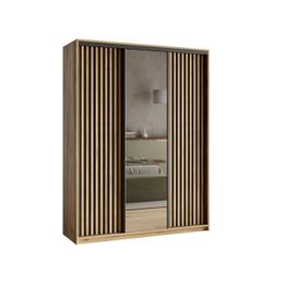 SCHWEBET&Uuml;RENSCHRANK ORRA 150/205/60 cm 3-t&uuml;rig mit Spiegel und Lamellen Eiche Wotan