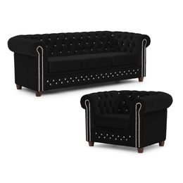SITZGARNITUR 3+1 Chesterfield Cleo Blink Schwarz Samt mit Kristallsteppung und braunen Massivholzf&uuml;&szlig;en