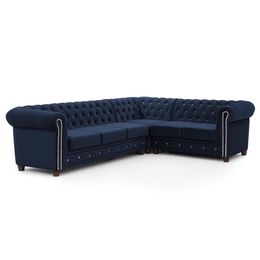 ECKSOFA mit Schlaffunktion Chesterfield Marineblau Samt mit Kristallsteppung und braunen Massivholzf&uuml;&szlig;en - Ottomane Rechts