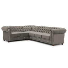 ECKSOFA mit Schlaffunktion Chesterfield Grau Samt mit Kristallsteppung und braunen Massivholzf&uuml;&szlig;en - Ottomane Links