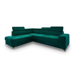 ECKSOFA ALVORO L-S Gr&uuml;n Velours-Stoff mit Schlaffunktion