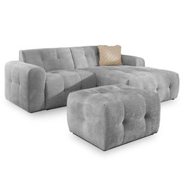 ECKSOFA inkl. Hocker Kozy im Bumpy-Design mit Schlaffunktion und fester R&uuml;ckenlehne aus weichem Hellgrau Chenille-Stoff - Ottomane rechts