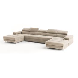 WOHNLANDSCHAFT OMBRA Creme Velours-Stoff mit Schlaffunktion