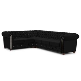 ECKSOFA mit Schlaffunktion Chesterfield Schwarz Samt mit Kristallsteppung und braunen Massivholzf&uuml;&szlig;en - Ottomane Links