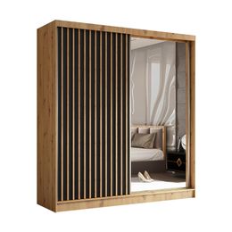 SCHWEBET&Uuml;RENSCHRANK LAMELLO 200/216/61 cm 2-t&uuml;rig mit Spiegel Eiche Artisan