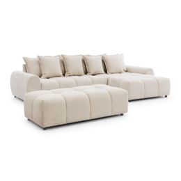 ECKSOFA inkl. Hocker Bubble mit Schlaffunktion und losen R&uuml;ckenkissen, Sitzfl&auml;che Bubble-Optik aus weichem Hellbeige Strukturstoff - Ottomane Rechts