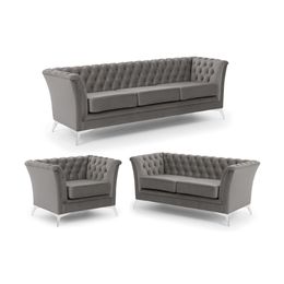 SITZGARNITUR 3+2+1 Chesterfield Whitby Grau Samt mit silbernen F&uuml;&szlig;en